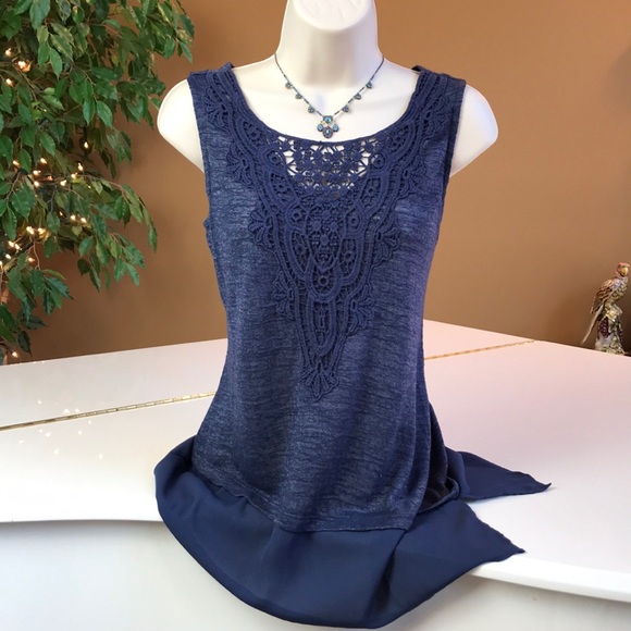 Cato | Tops | Cato Soft Blue Top Crochet Front Sheer Bottom Sz S | Poshmark